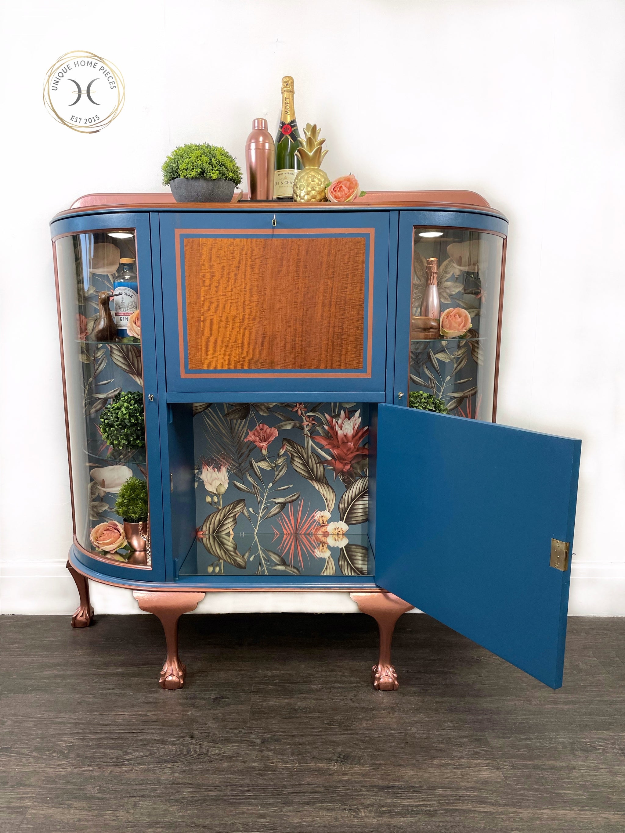 Art Deco Blue Flora Cocktail Cabinet - Unique Home Pieces - Doncaster